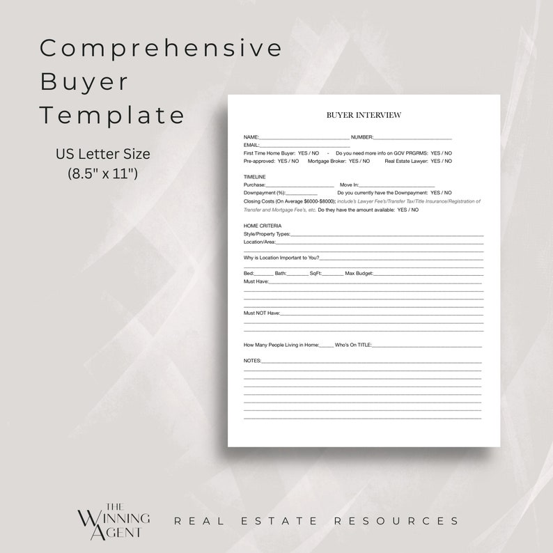 Home Buyer Seller Interview Forms, Questionnaire, Real Estate Marketing ...