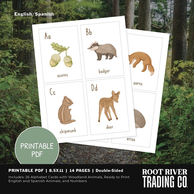 Printable Woodland Nature Alphabet Flashcards / Homeschool / Bilingual ...