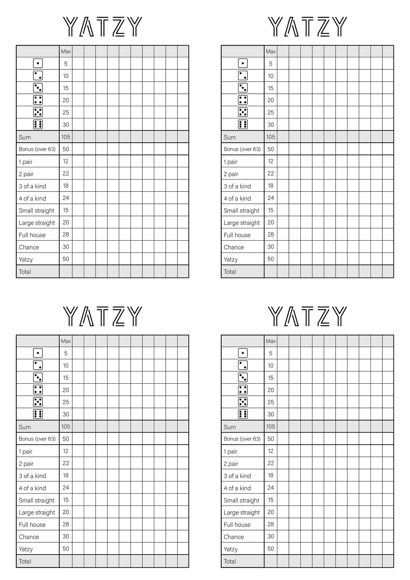Yatzy Scoreboard Templates - Etsy