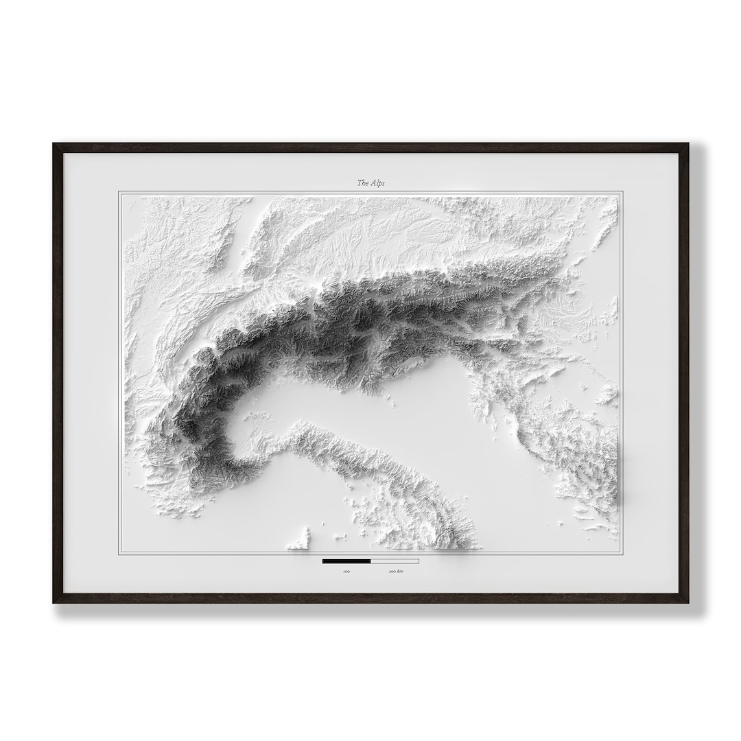 Alps Topography Poster – Minimalist Relief Map in Black and White ...