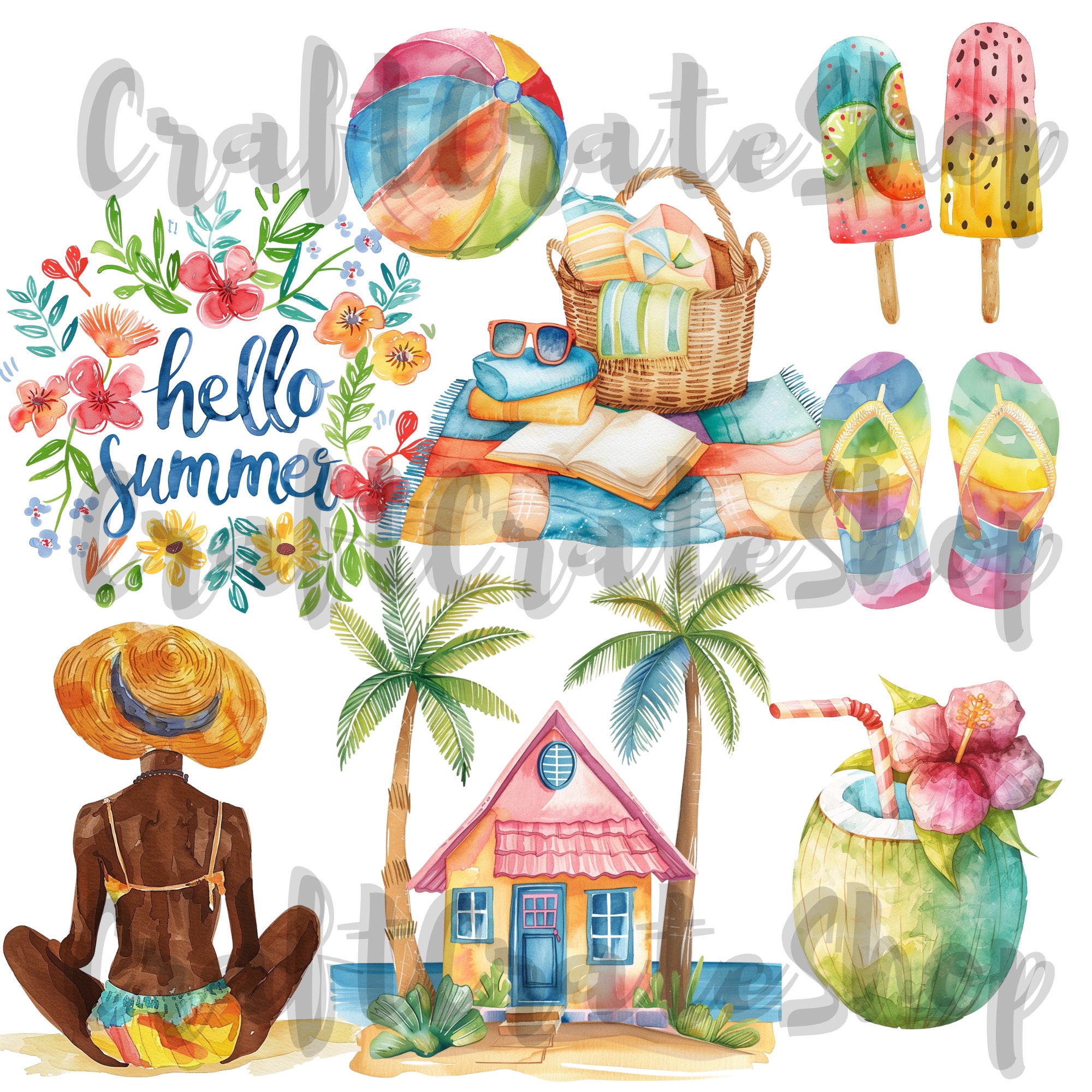Watercolor Summer Clipart - Set of 44 Beach Day Png Sea Lover Holiday ...