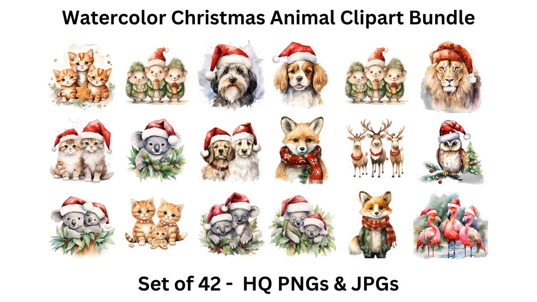 Watercolor Christmas Animal Clipart Set of 42 Christmas Illustration ...