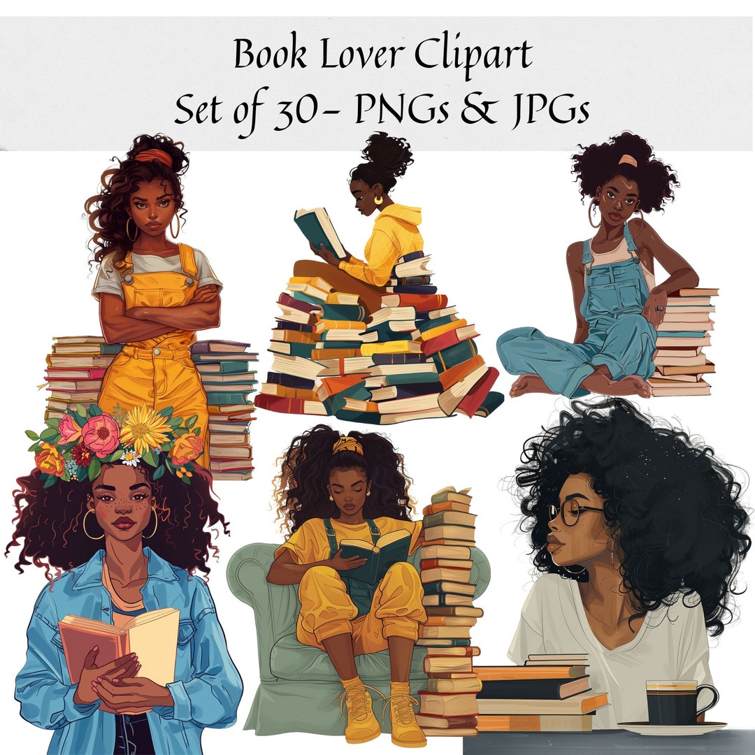 Book Lover Clipart - Set of 30, Black Woman Clipart, Books Clipart ...