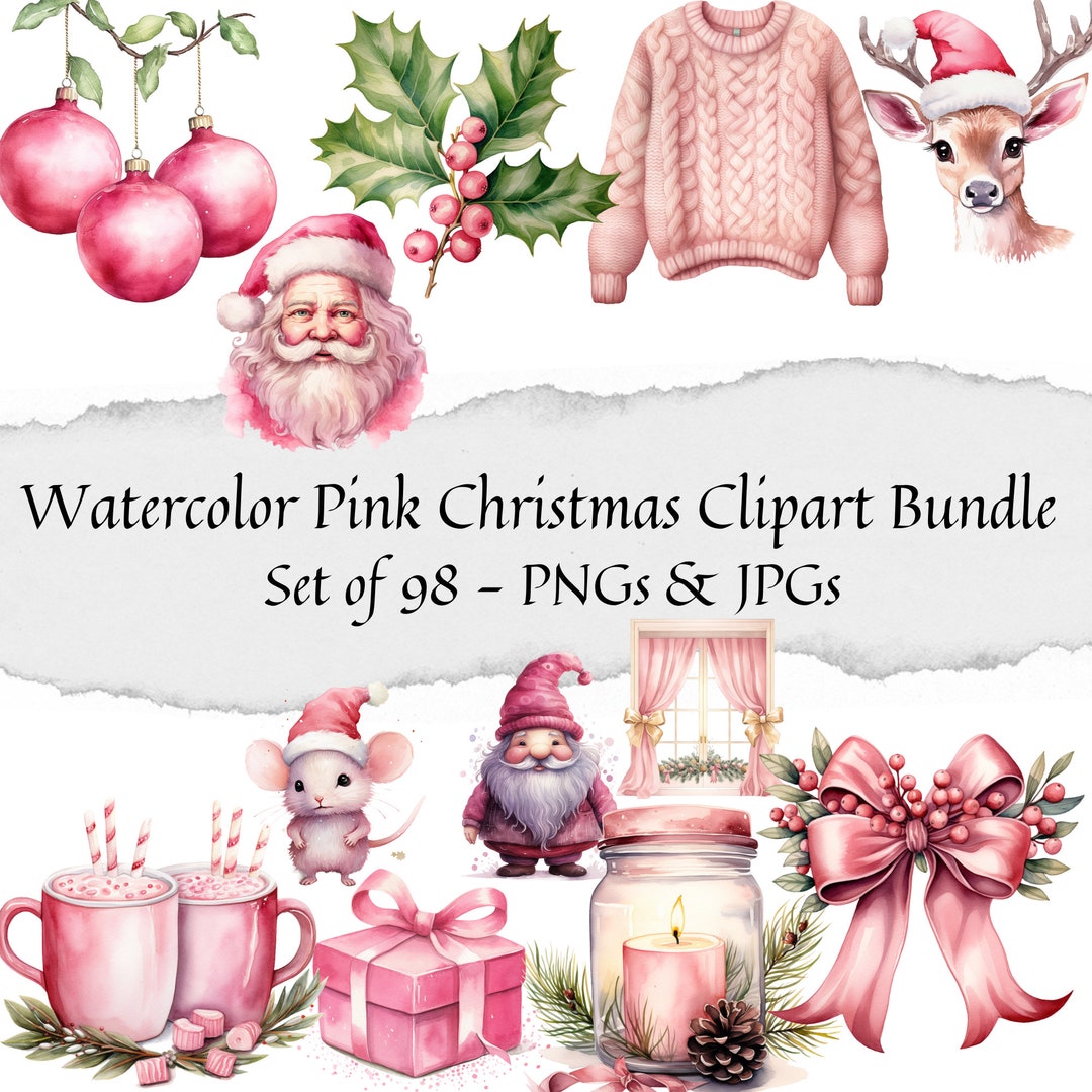 Watercolor Pink Christmas Clipart Set of 98, Pink Christmas PNG, Winter ...