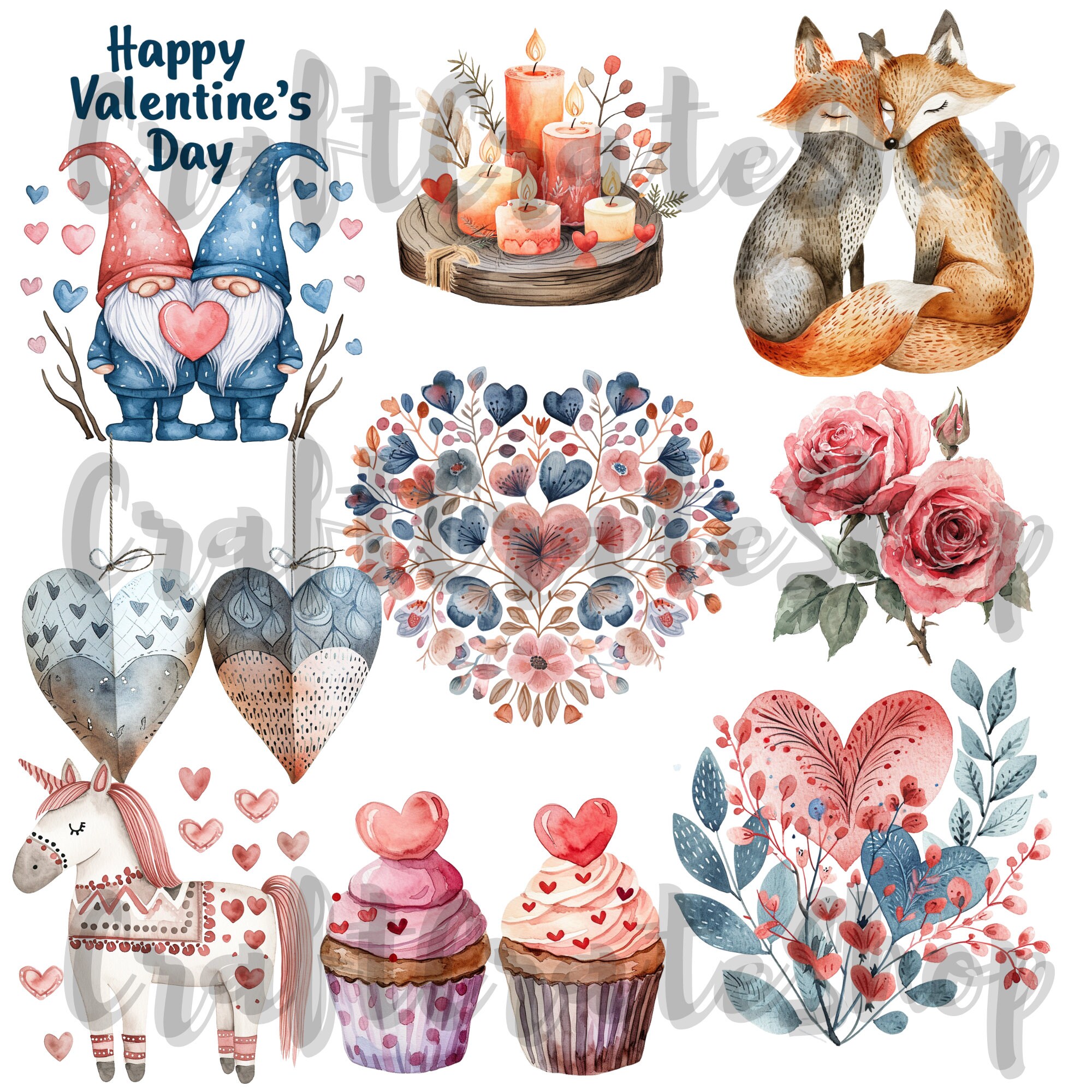 Boho Valentine Day Clipart - Set of 50, Watercolor Valentines Clipart ...