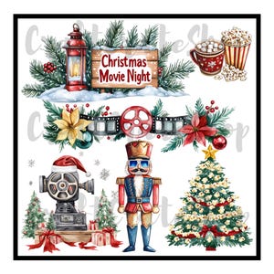 Watercolor Christmas Movie Night Clipart: Boho Holiday PNG Set (50 ...