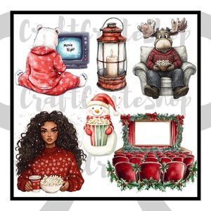 Watercolor Christmas Movie Night Clipart: Boho Holiday PNG Set (50 ...