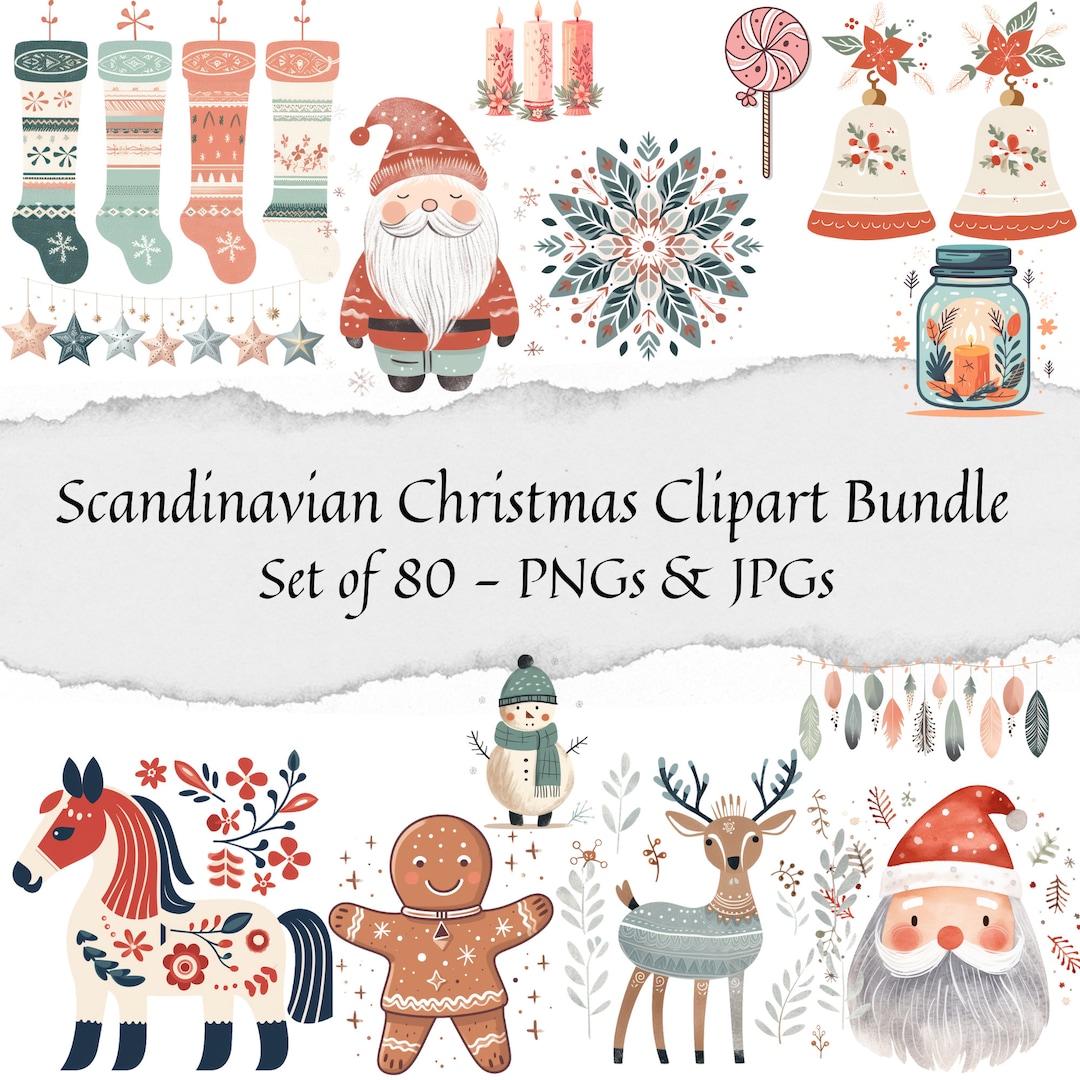 Scandinavian Christmas Clipart Bundle - Set of 80, Nordic Clipart, Folk ...