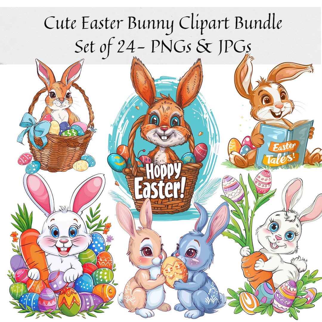 Cute Easter Bunny Clipart - Set of 24, Cute Bunny Clipart, Easter ...