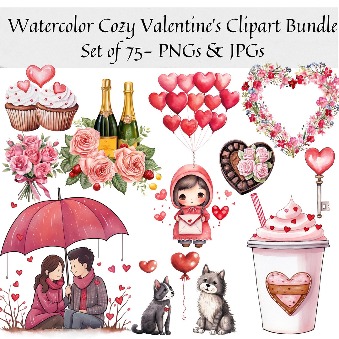 Watercolor Valentine Day Clipart Set of 75, Boho Valentines Clipart ...