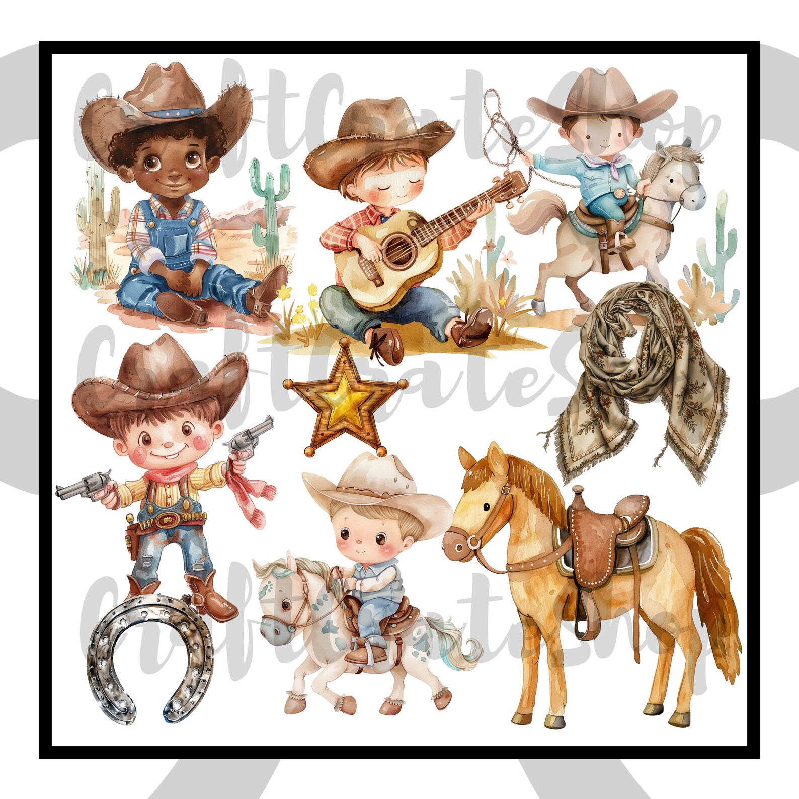 Watercolor Cute Cowboy Clipart Set of 66, Baby Cowboy PNG, Wild West ...