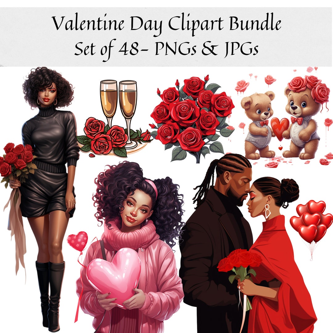 Black Woman Clipart - Set of 48 Valentine's Day, Valentines Girl ...