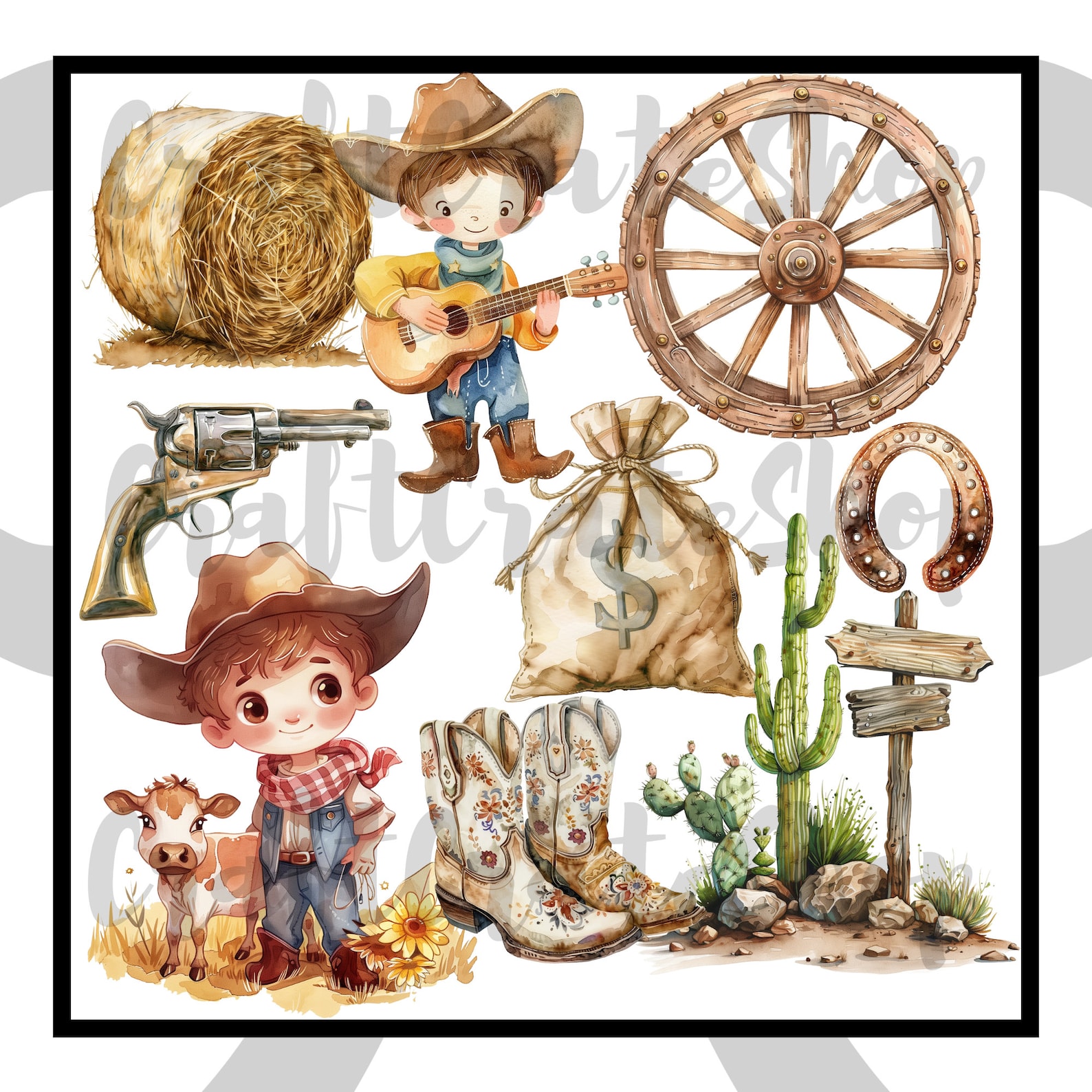 Watercolor Cute Cowboy Clipart Set of 66, Baby Cowboy PNG, Wild West ...