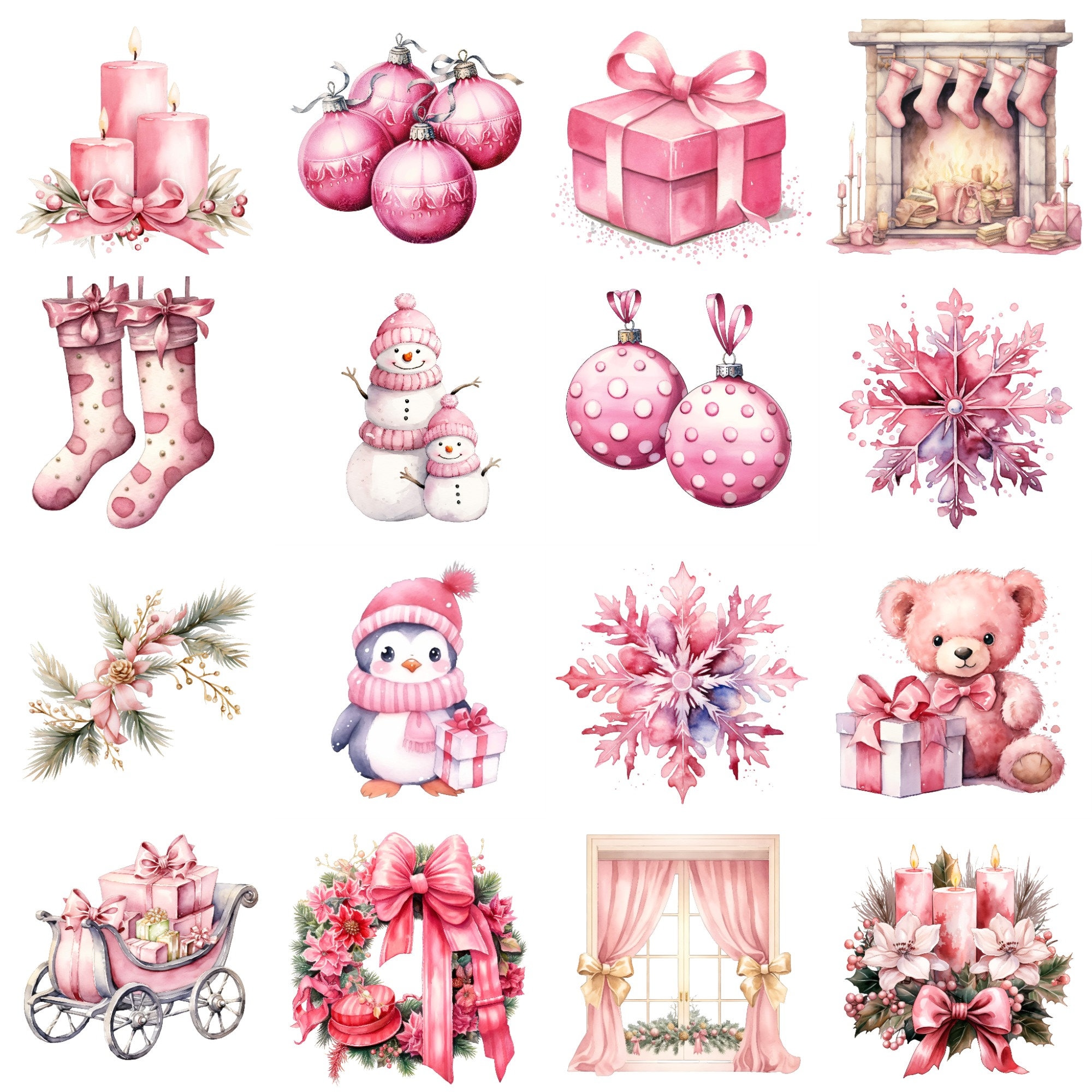 Watercolor Pink Christmas Clipart Set of 98 Pink Christmas - Etsy