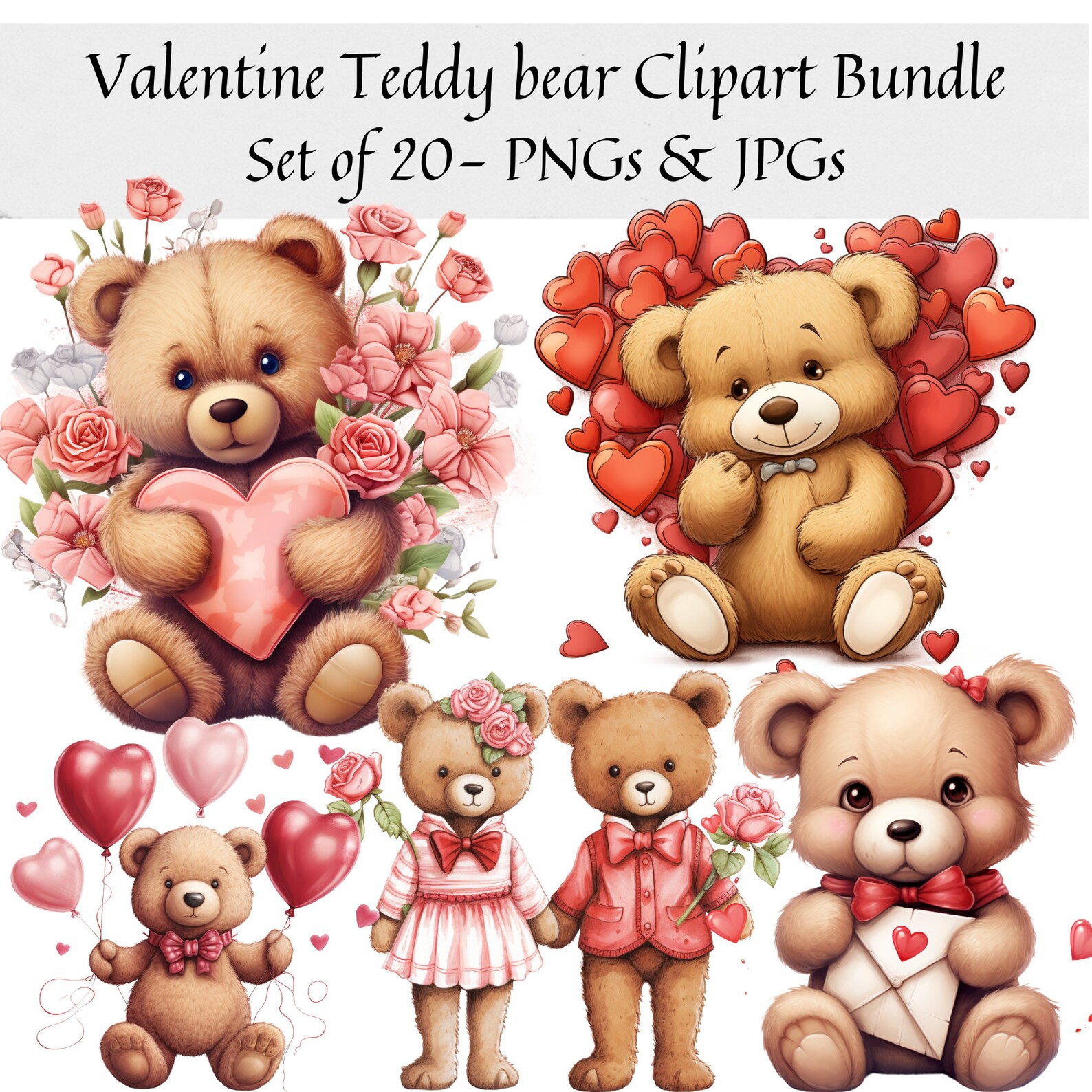 Valentine Teddy Bear Clipart Set of 20, Valentine Png, Valentine's Day ...