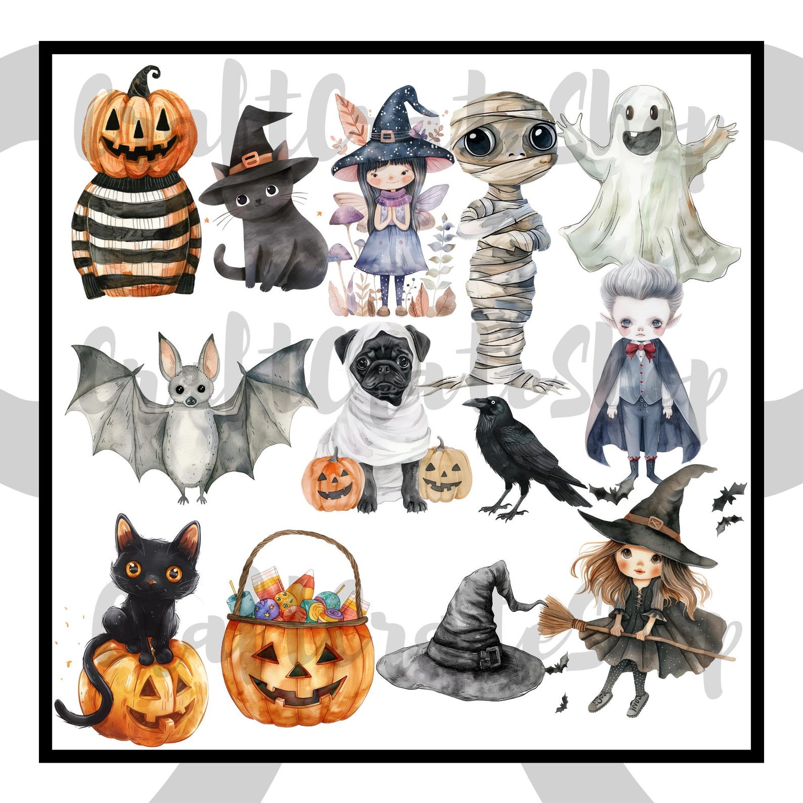 Cute Halloween Watercolor Clipart - Set of 68, Pumpkin Clipart ...