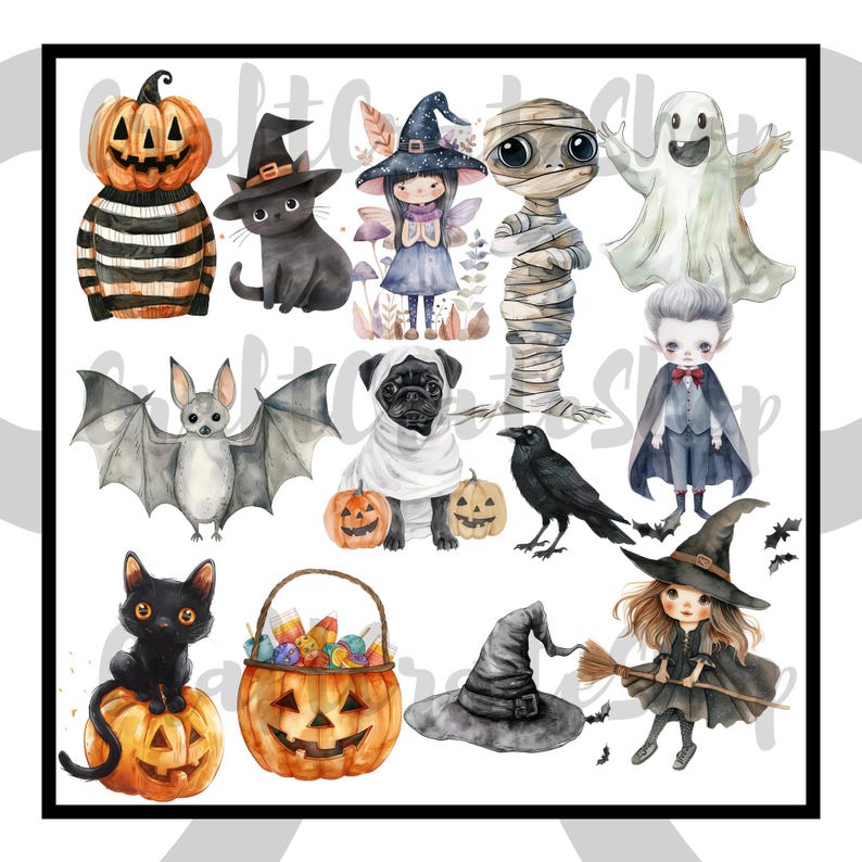 Cute Halloween Watercolor Clipart - Set of 68, Pumpkin Clipart ...