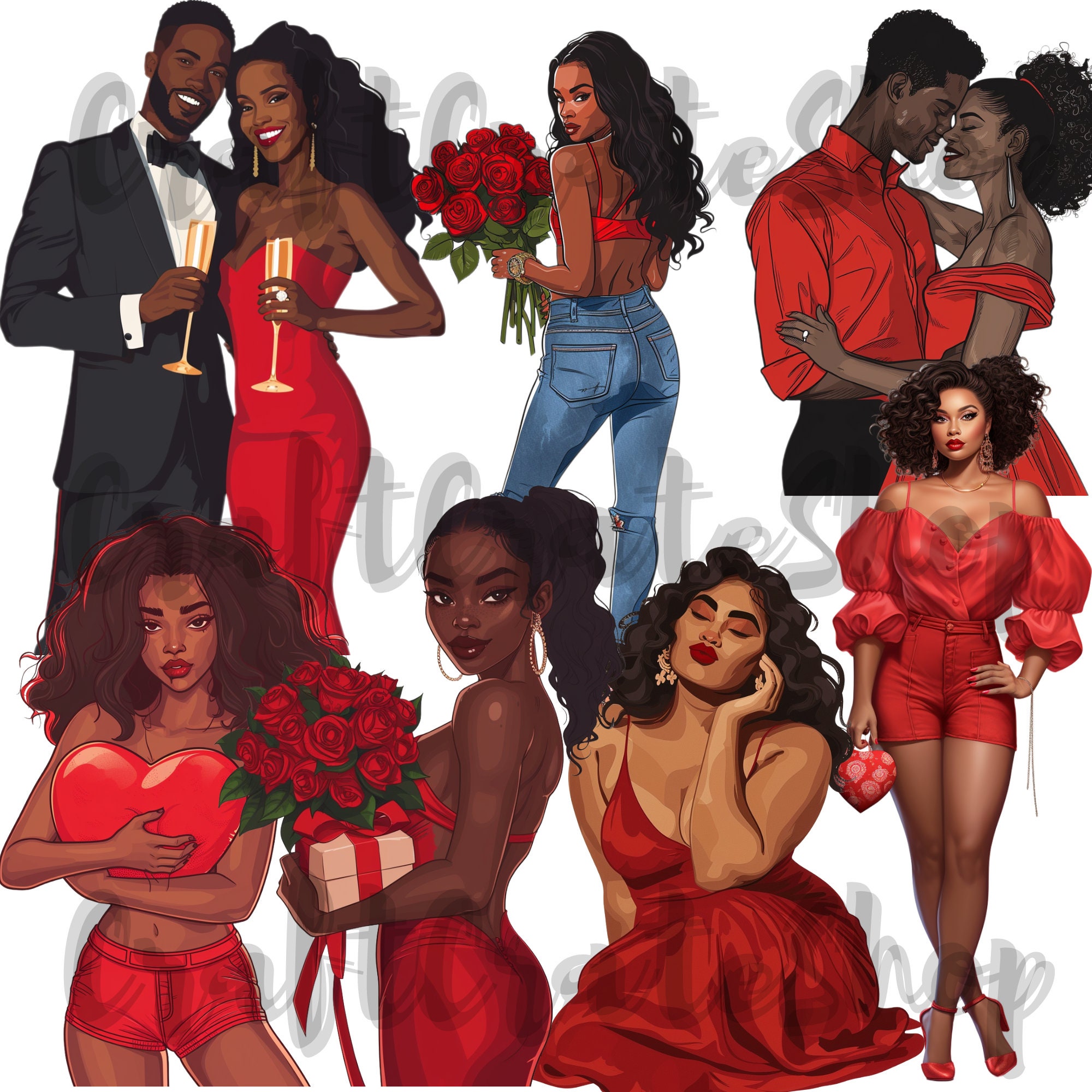 Black Girl Valentine Day Clipart - Set of 32, Valentine Girl Pngs, Love ...