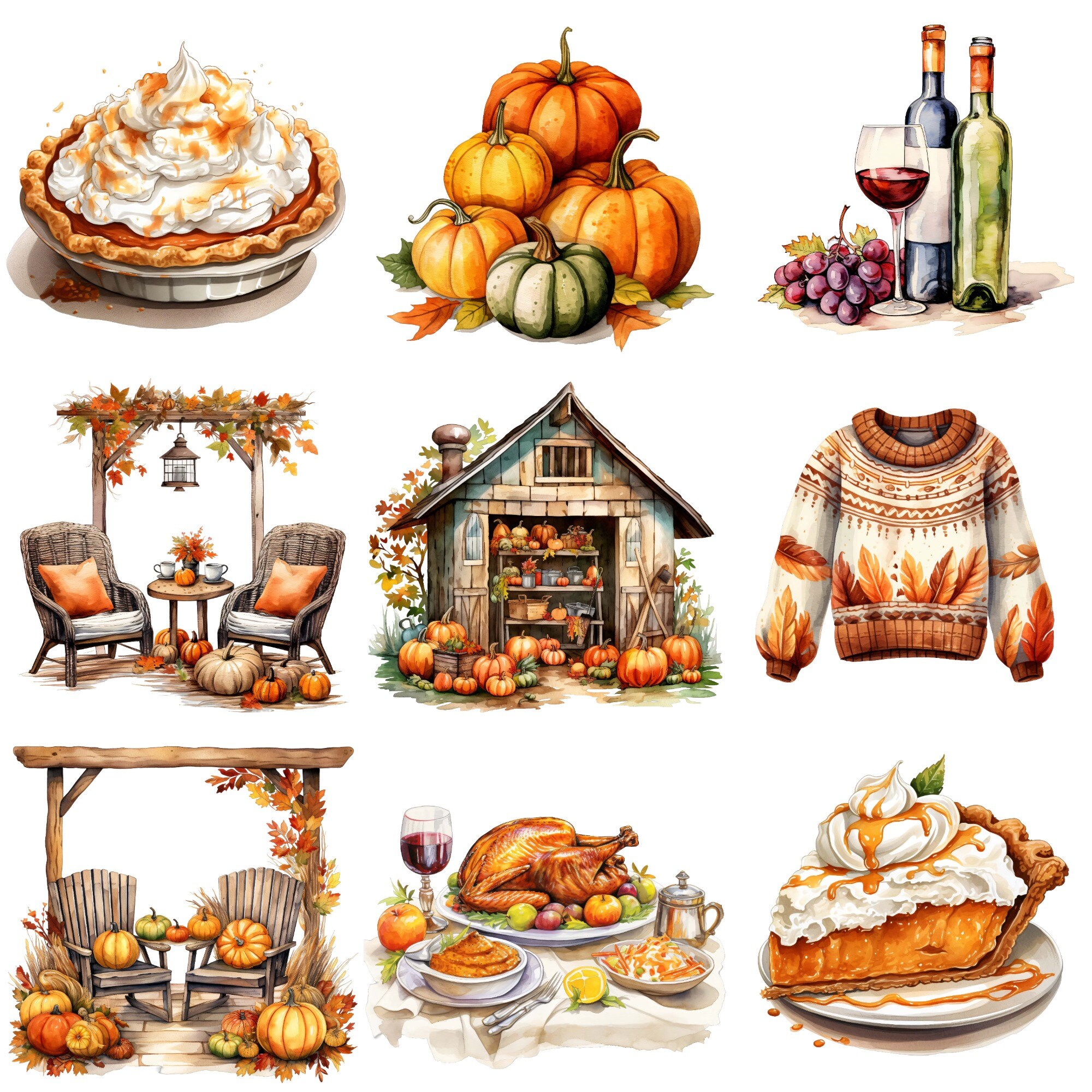 Watercolor Thanksgiving Clipart - Set of 75, Thanksgiving Table ...