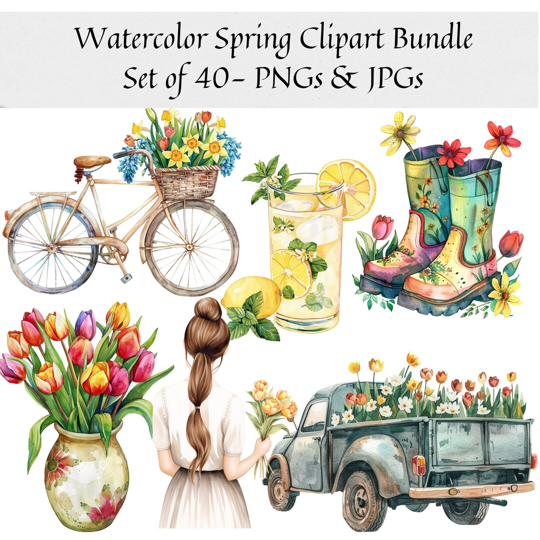 Watercolor Spring Clipart - Set of 40, Spring Floral Clipart, Spring ...