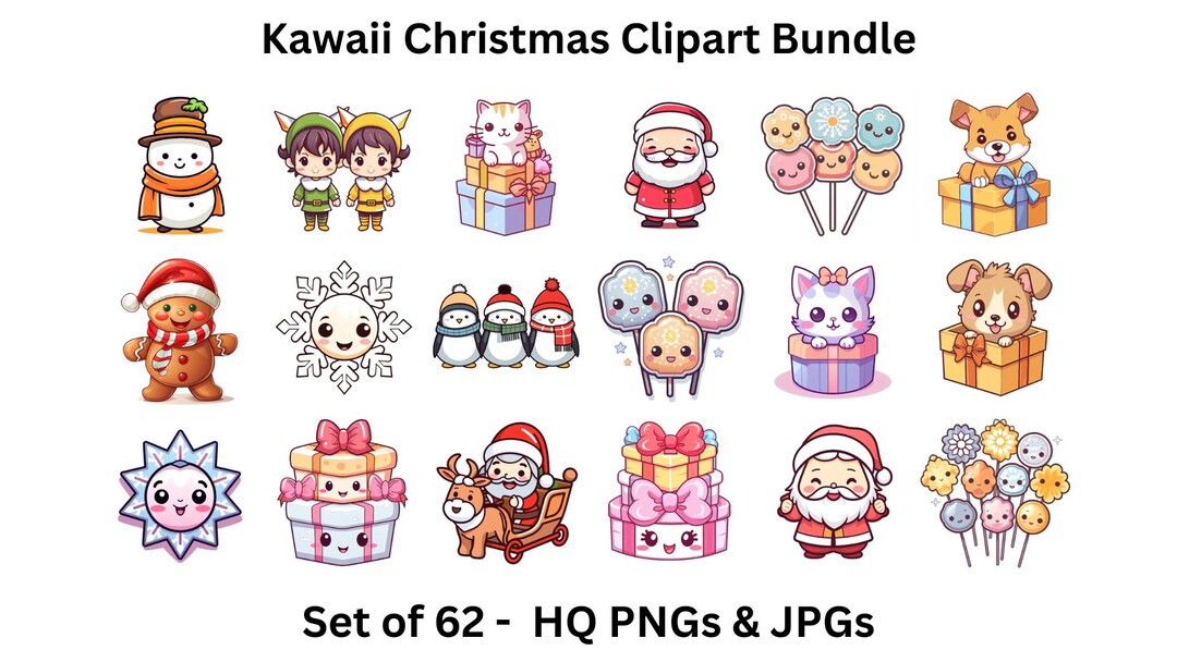 Cute Christmas Clipart PNG | 62 Kawaii Christmas Gift Clipart, Winter ...