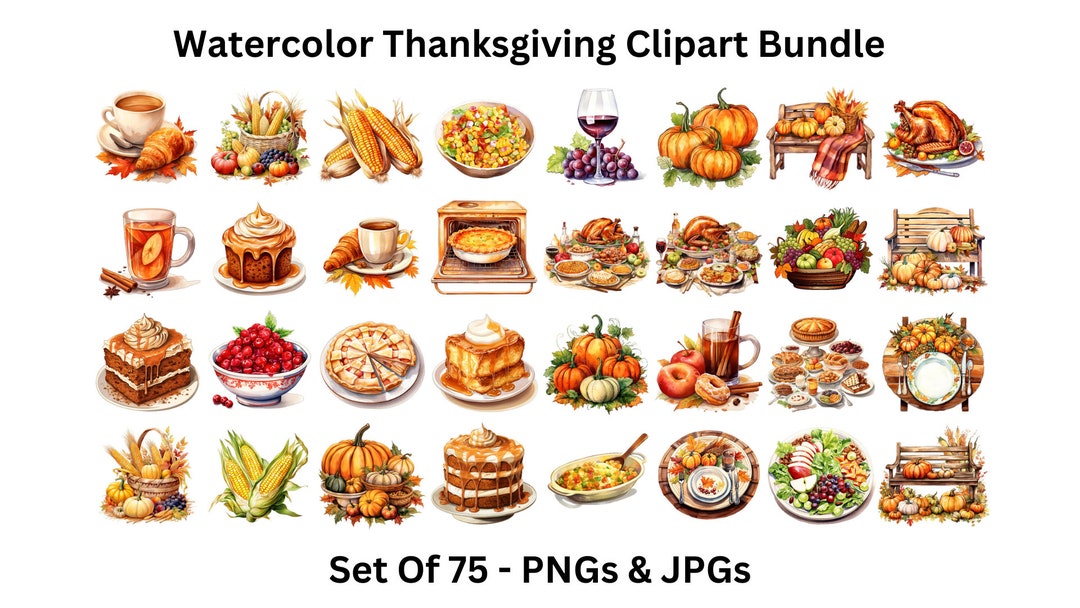 Watercolor Thanksgiving Clipart - Set of 75, Thanksgiving Table ...