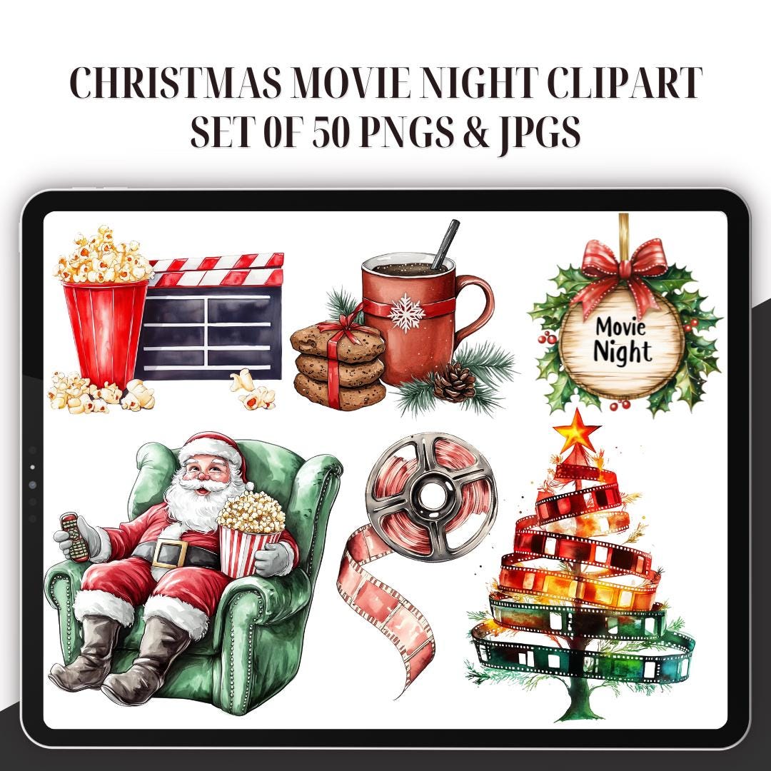 Watercolor Christmas Movie Night Clipart: Boho Holiday PNG Set (50 ...