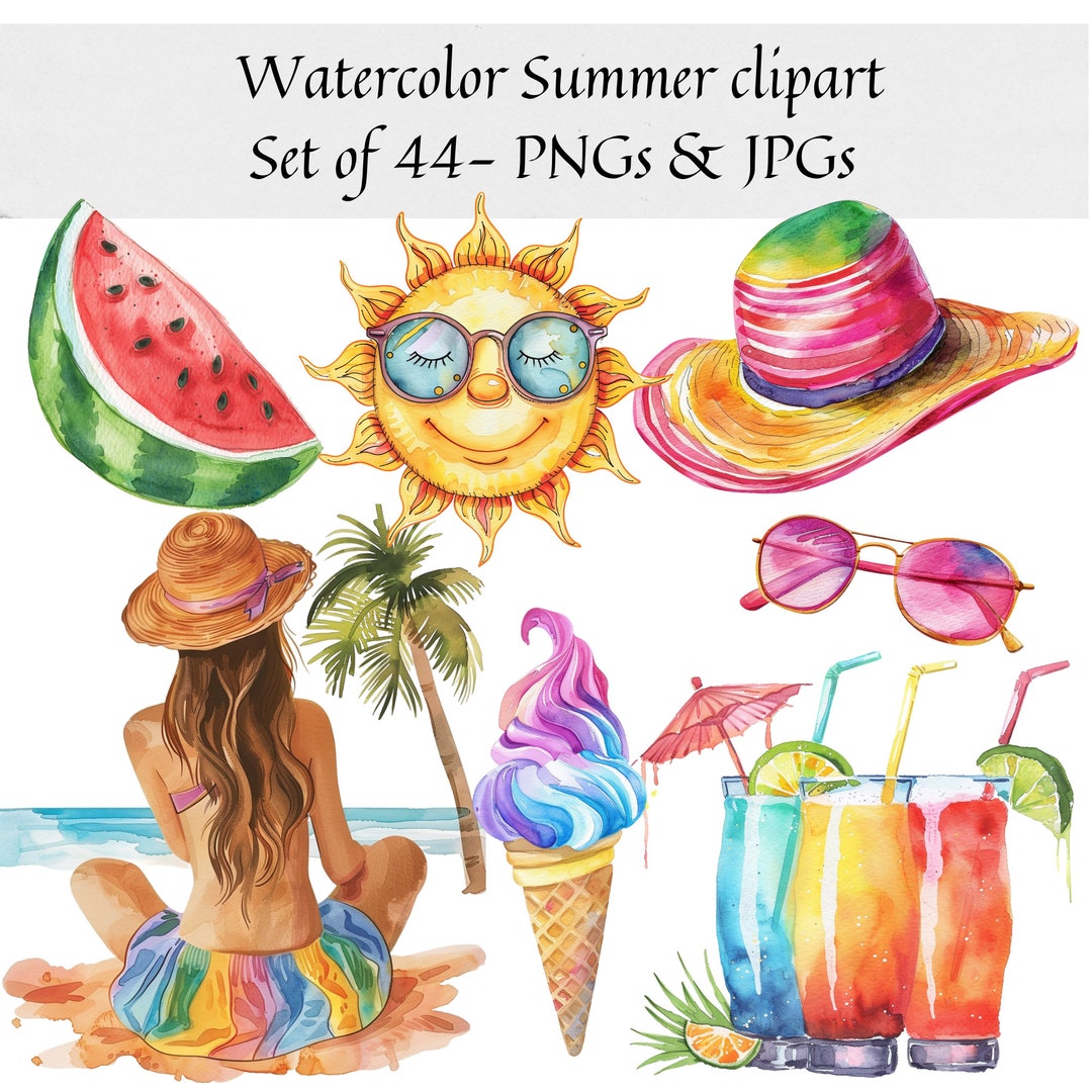 Watercolor Summer Clipart - Set of 44 Beach Day Png Sea Lover Holiday ...