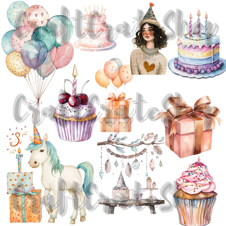 Watercolor Birthday Clipart - Set of 38 , Boho Birthday Clipart, Boho ...