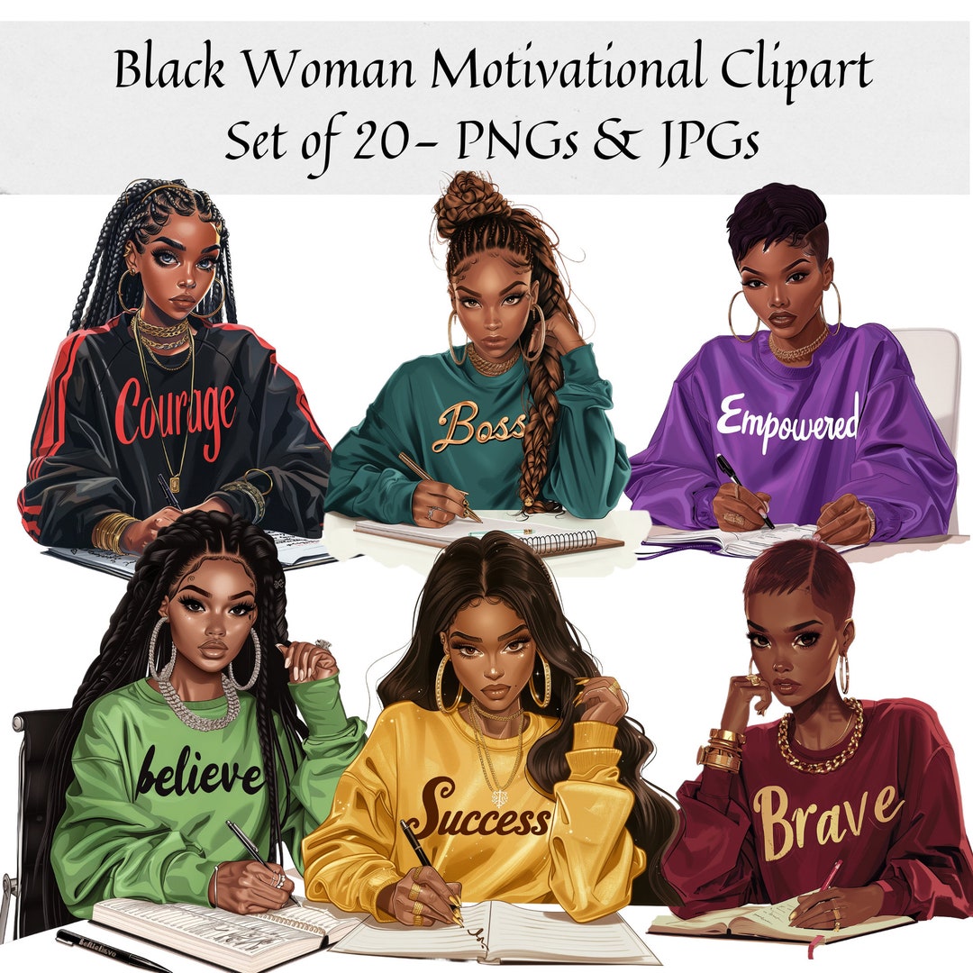 Black Woman Motivational Clipart - Set of 20, Motivational Boss Babe ...