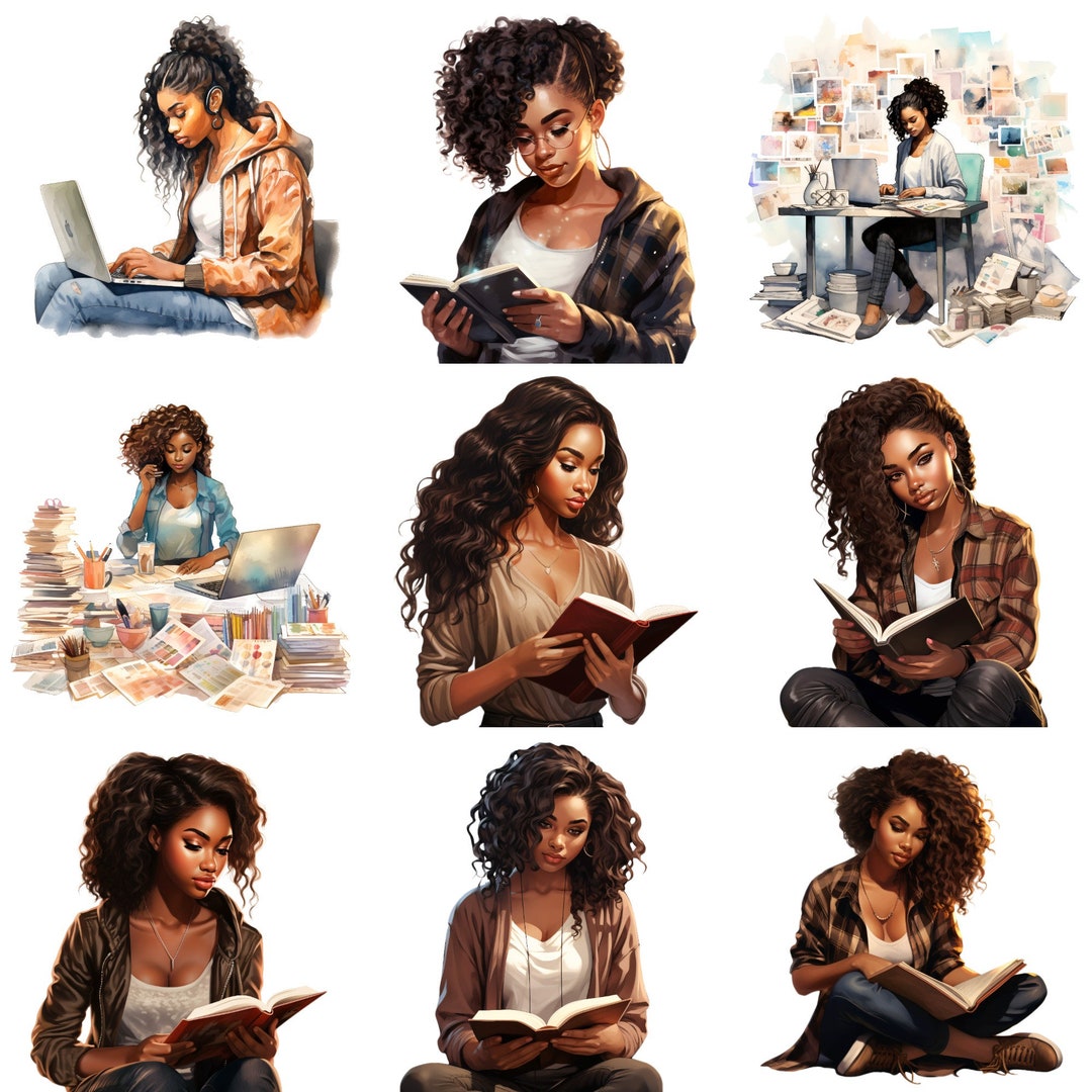 Black Girl Studying Clipart - Set of 55, Bookworm Black Girl Clipart ...