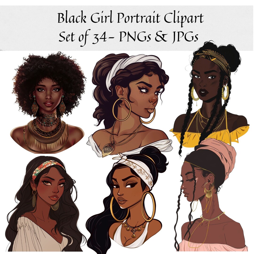 Black Woman Clipart - Set of 34, Black Girl Clipart, Portrait Clipart ...
