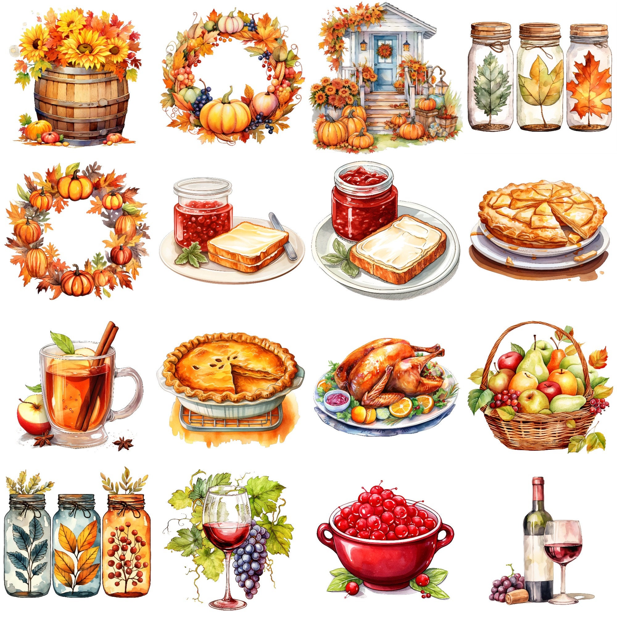 Watercolor Thanksgiving Clipart Set of 75 Thanksgiving - Etsy
