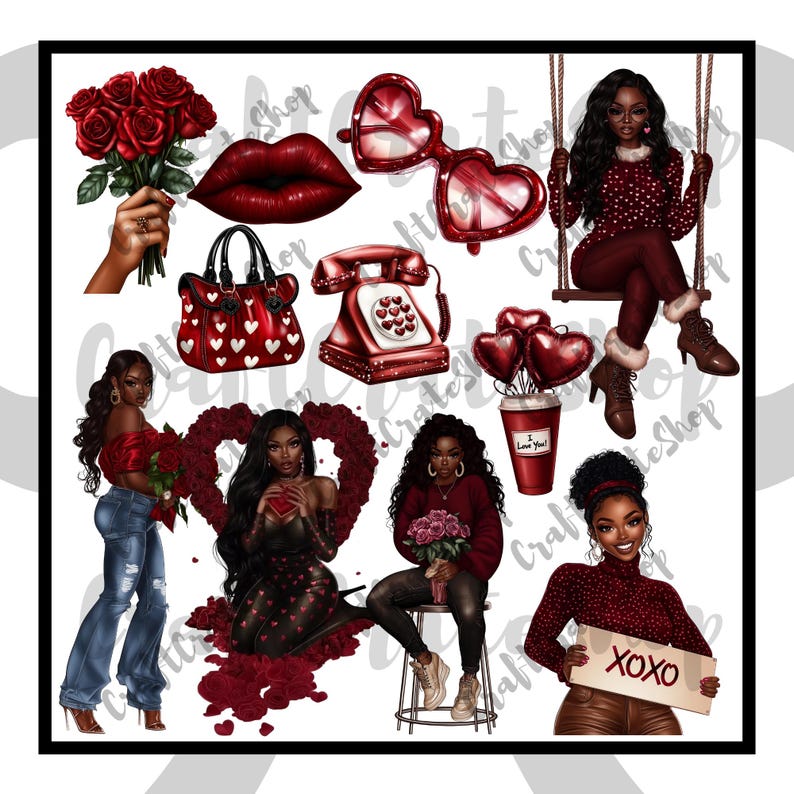 Black Woman Valentine Day Clipart - Set of 52, Valentine Girl PNG, Love ...