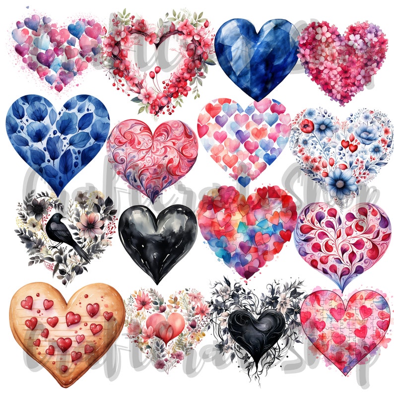Watercolor Heart Clipart - Set of 54, Valentine Day Clipart, Love ...
