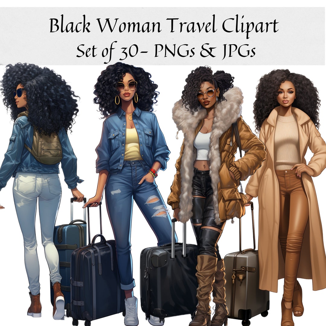 Black Woman Travel Clipart - Set of 30 Black Girl on Vacation, Traveler ...