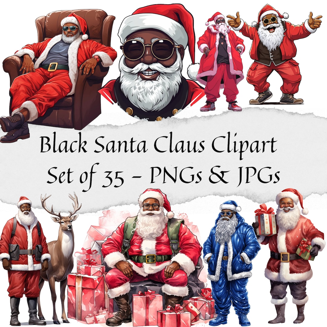 Black Santa Claus Clipart - Set of 35, African American Christmas PNG ...