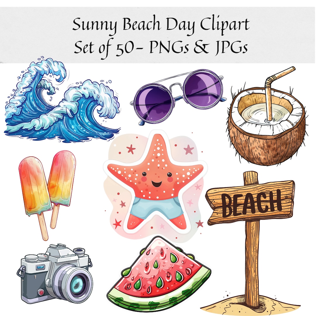 Sunny Beach Day Clipart Bundle - Set of 50, Cute Undersea, Vacation PNG ...
