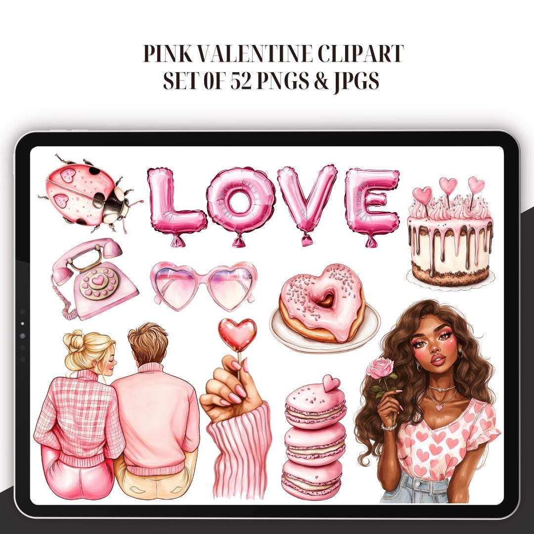 Pink Valentine Clipart - Set of 52, Watercolor Valentines Clipart ...