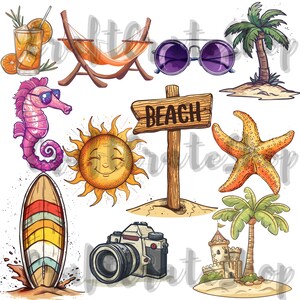 Sunny Beach Day Clipart Bundle Set of 50, Cute Undersea, Vacation PNG ...