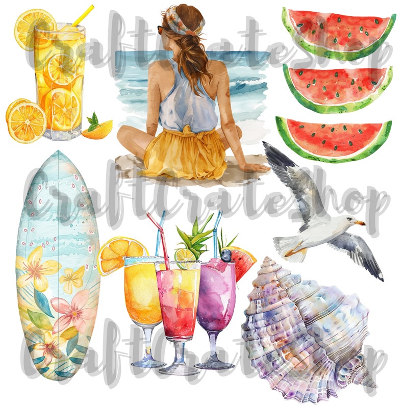 Watercolor Summer Clipart - Set of 44 Beach Day Png Sea Lover Holiday ...