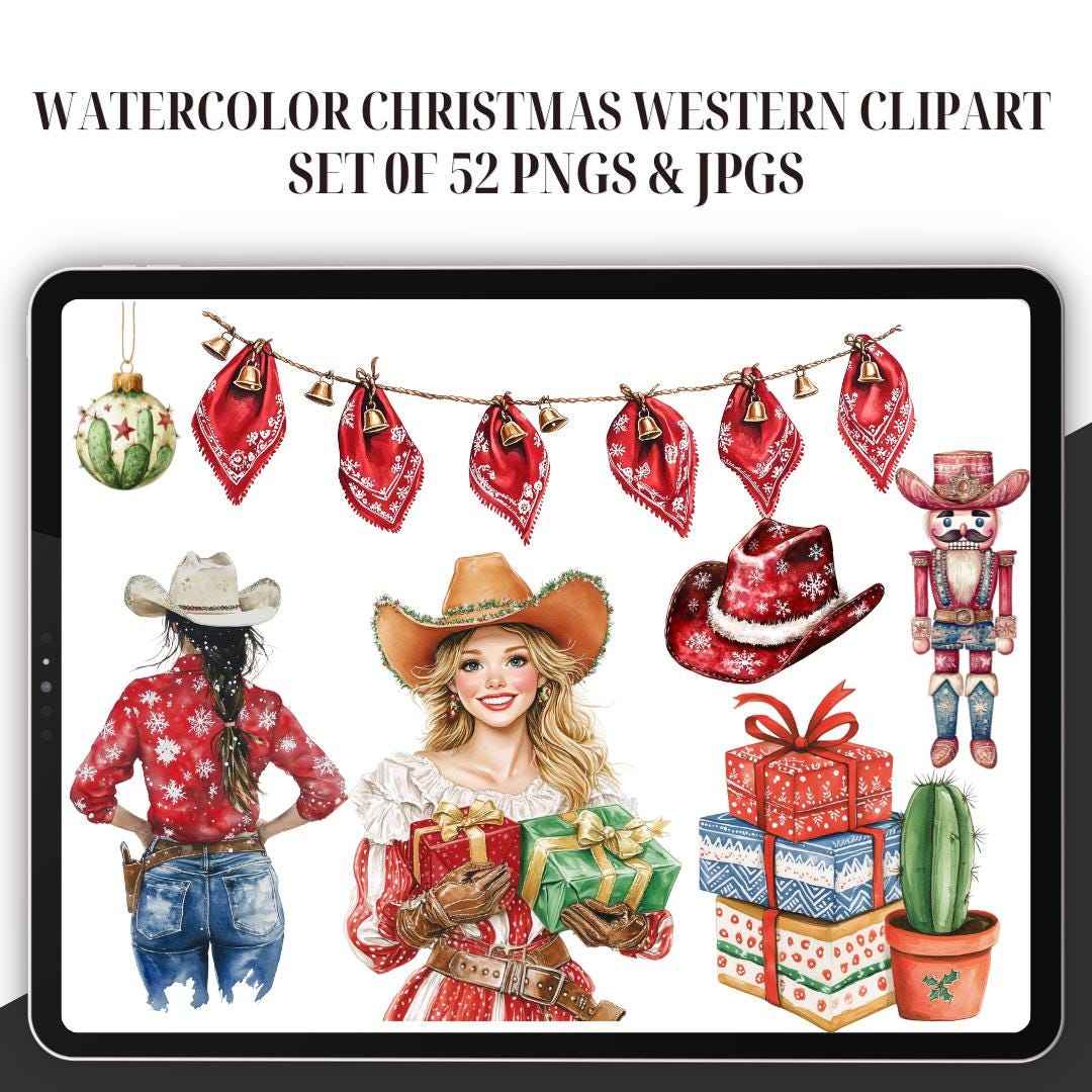 Watercolor Western Christmas Clipart - Set of 52, Wild West Clip Art ...
