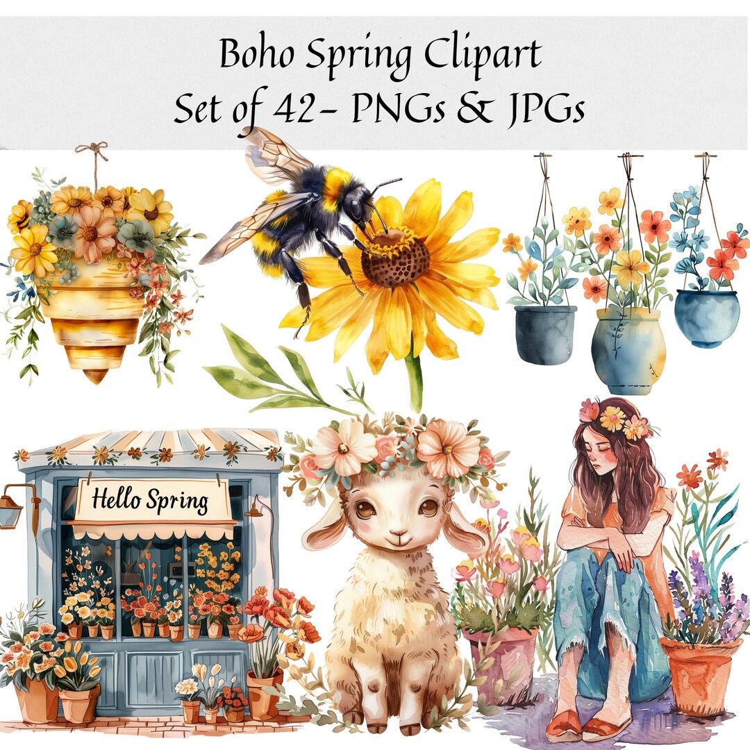Boho Spring Clipart - Set of 42, Spring Floral Clipart, Spring Clipart ...