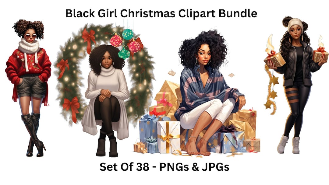 Black Girl Christmas Clipart - Set of 38, Black Woman Clipart ...