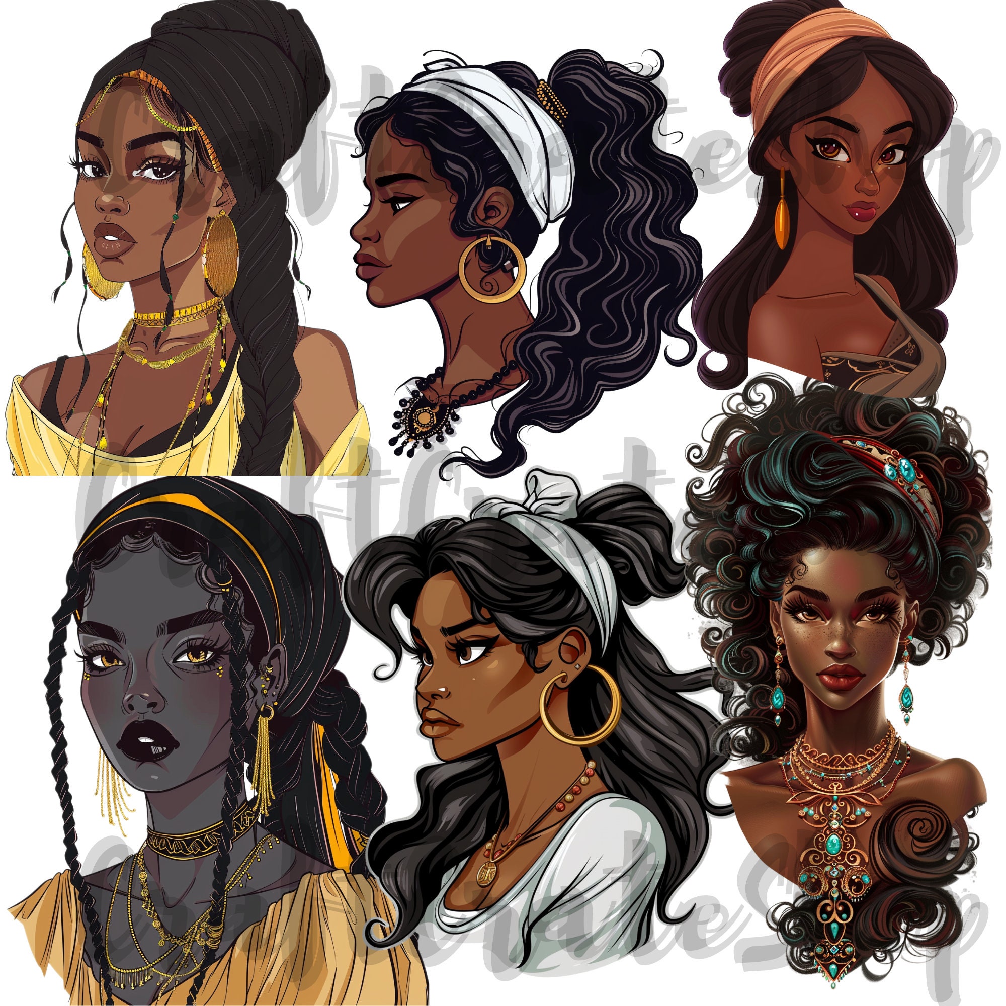 Black Woman Clipart - Set of 34, Black Girl Clipart, Portrait Clipart ...