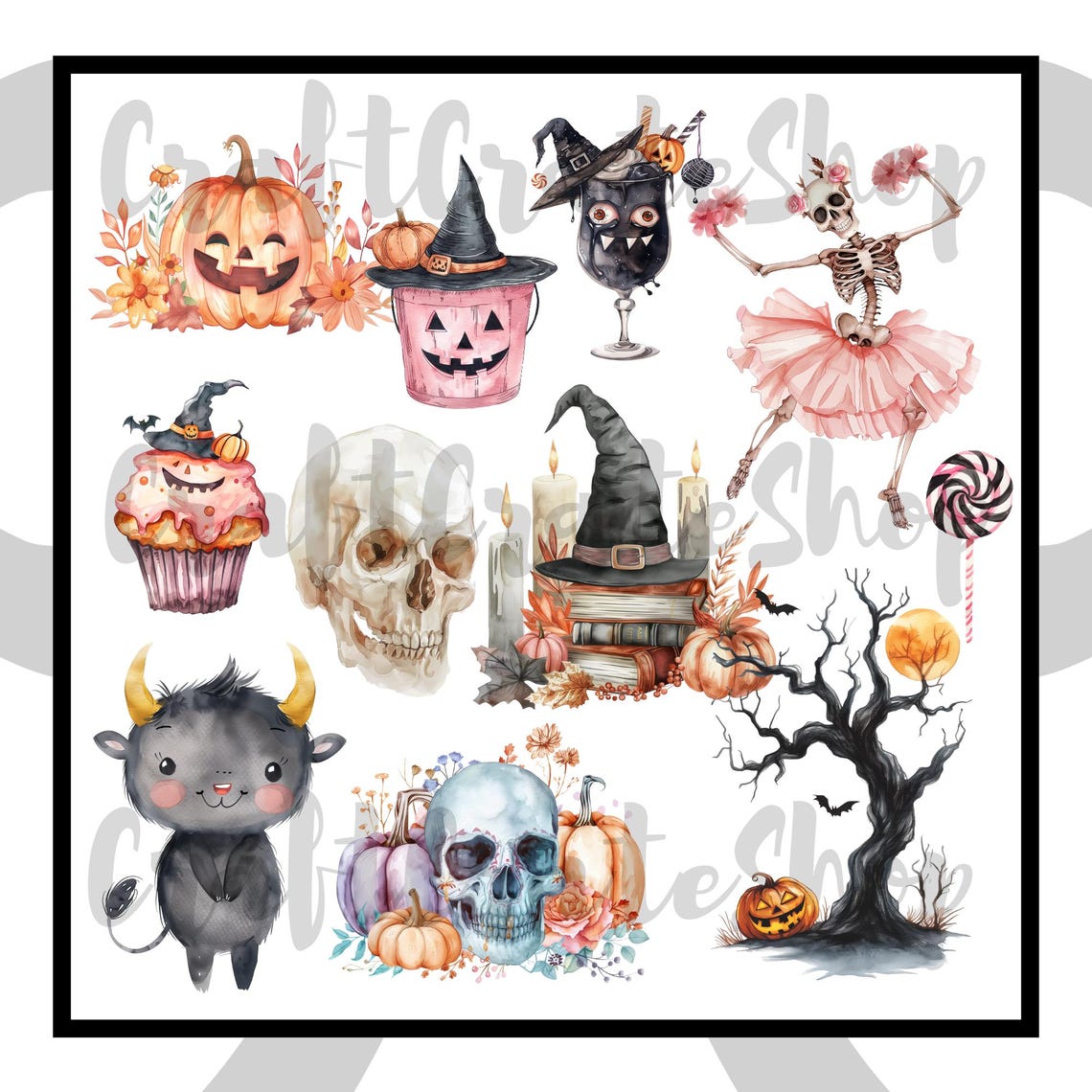 Cute Halloween Watercolor Clipart - Set of 68, Pumpkin Clipart ...