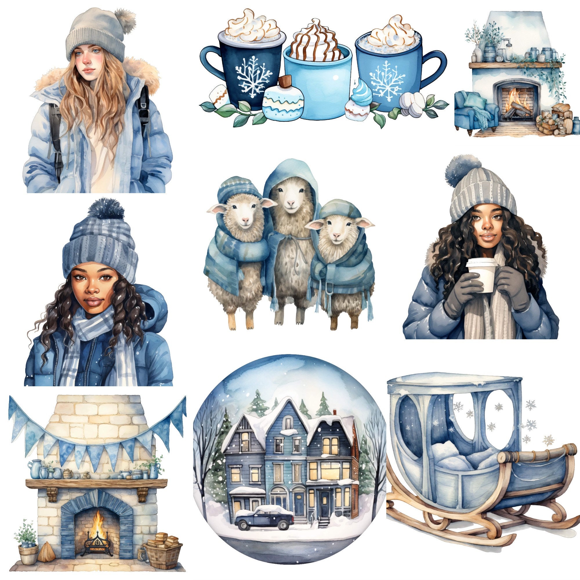 Watercolor Winter Clipart - Set of 52 | Snowman, Winter Forest, Winter ...