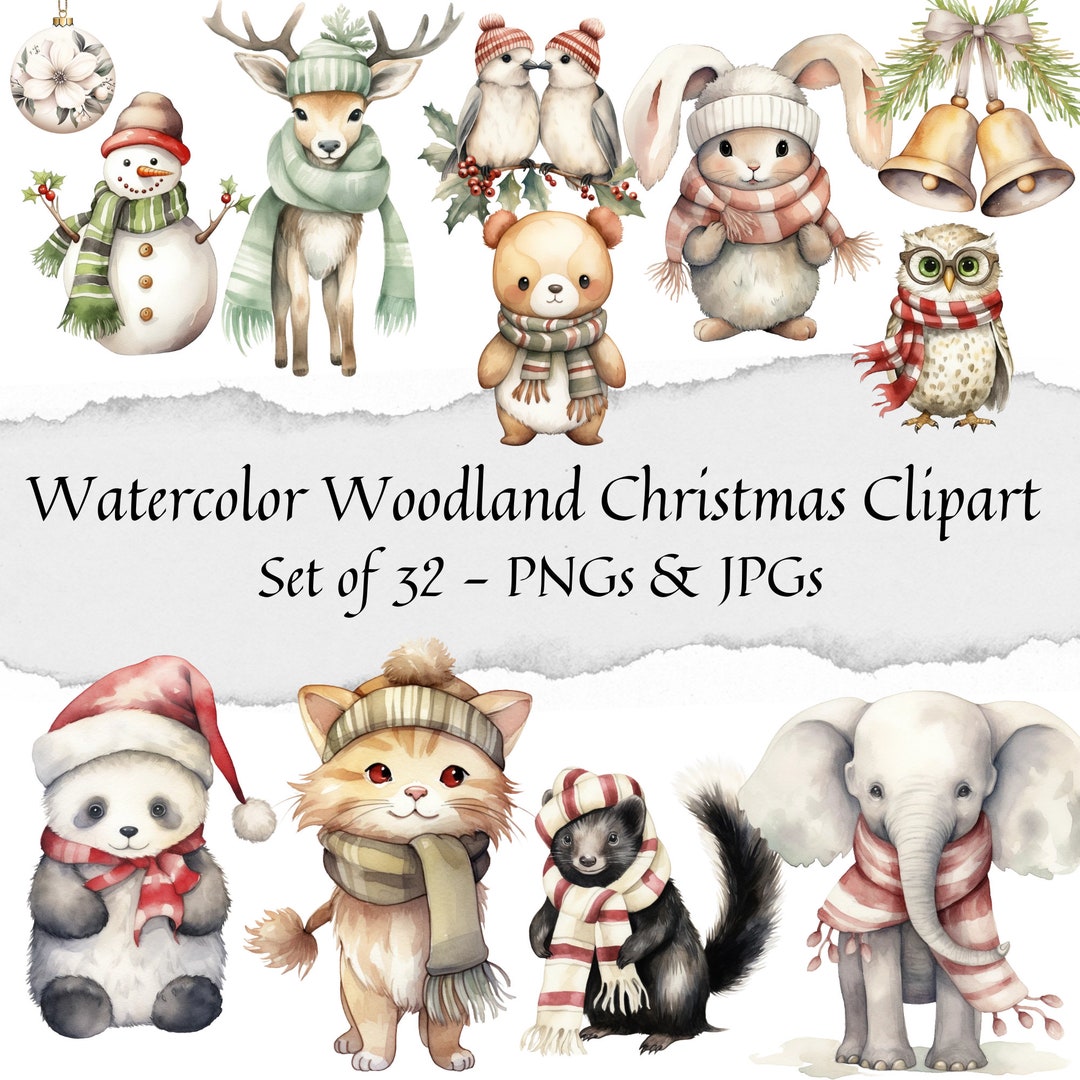 Watercolor Woodland Christmas Clipart - Set of 32, Watercolor Woodland ...