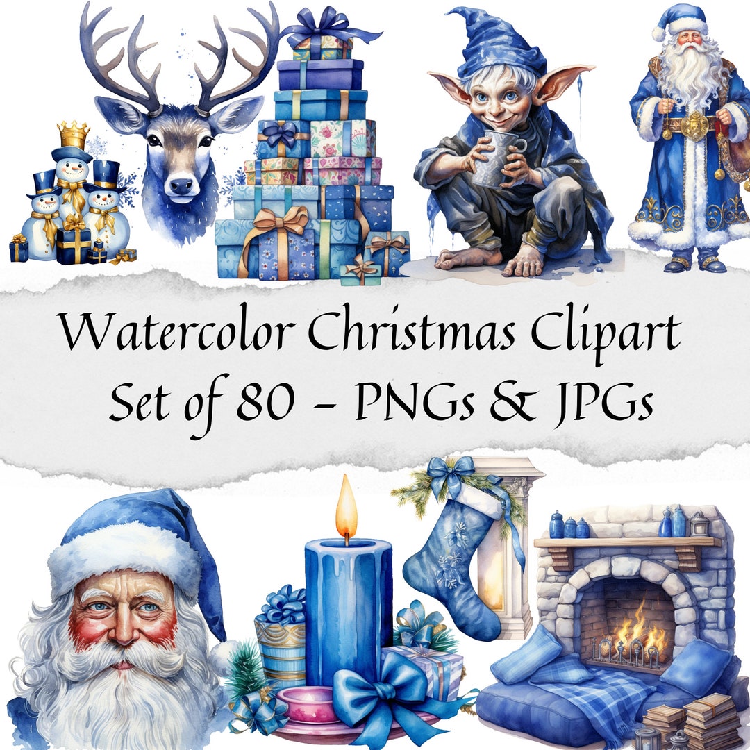 Watercolor Christmas Clipart - Set of 80 Blue Themed Christmas ...