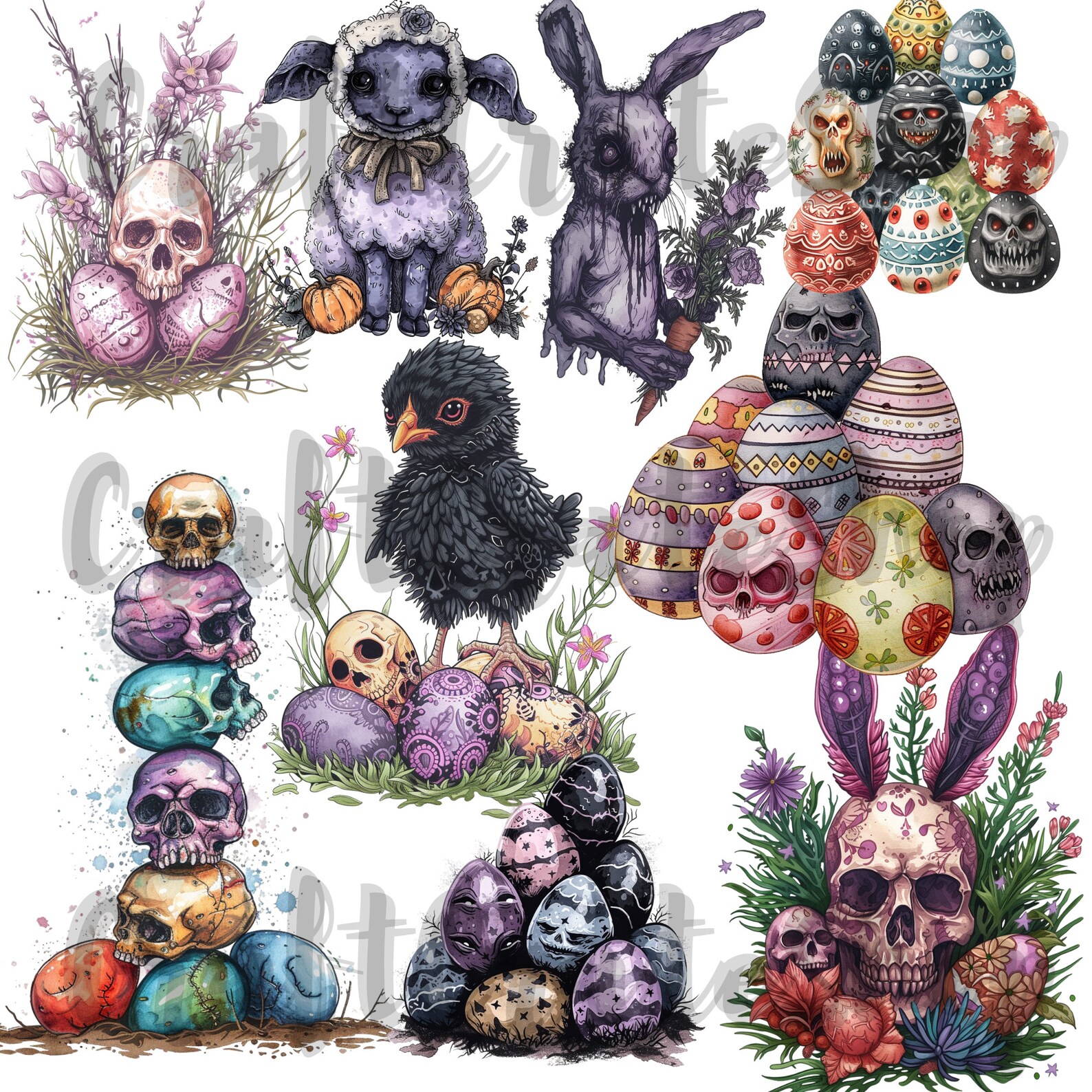 Gothic Easter Day Clipart- Set of 48, Easter Day PNG, Scary Easter ...